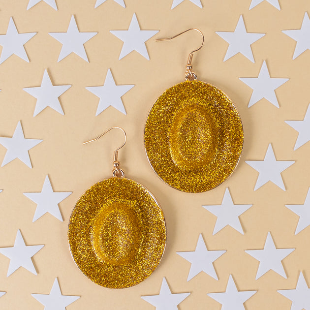 93296 - Western Glitter Cowboy Hat Earrings - Gold | Your Fashion Wholesale